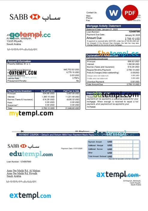 Saudi Arabia SABB bank mortgage statement in Word and PDF formats