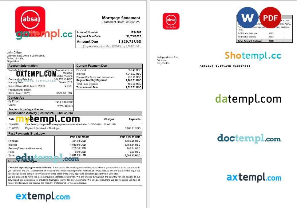 Seychelles ABSA bank mortgage statement in Word and PDF formats
