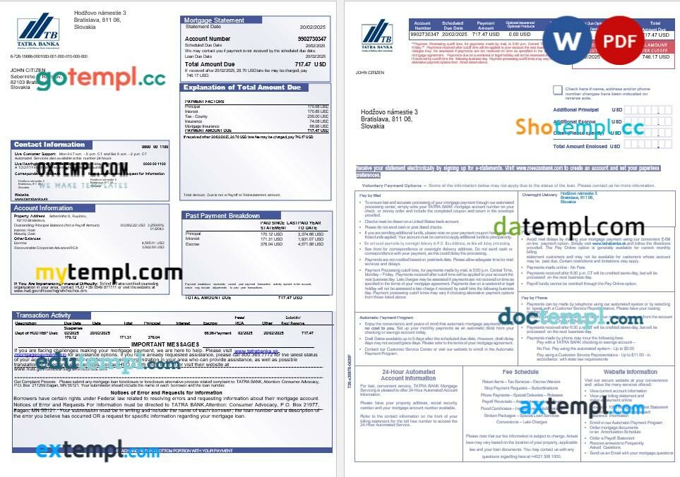 Slovakia Tatra bank mortgage statement in Word and PDF formats