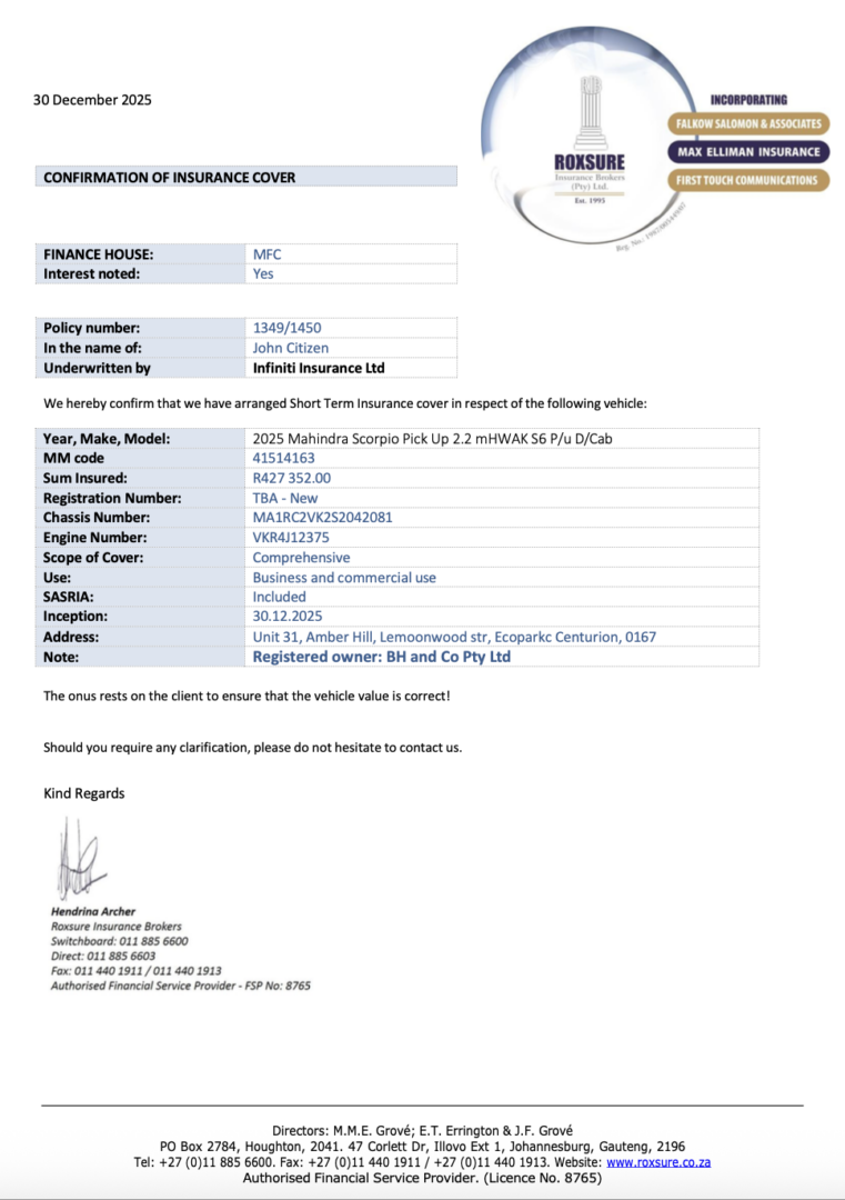 South Africa Infiniti Insurance Limited confirmation of insurance cover ...