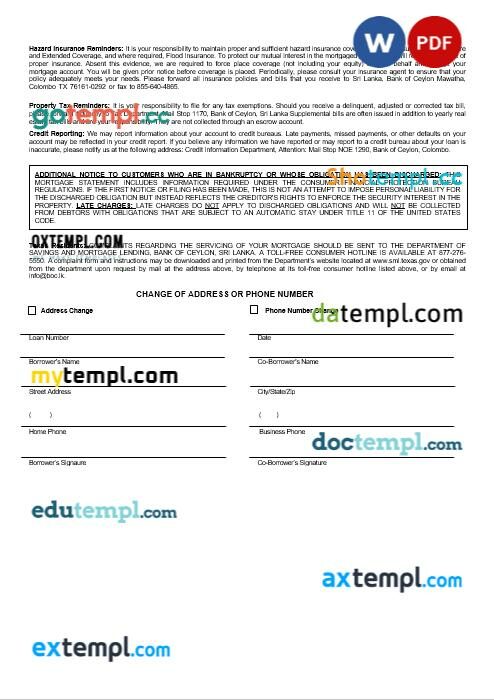 Sri Lanka Bank of Ceylon mortgage statement in Word and PDF formats