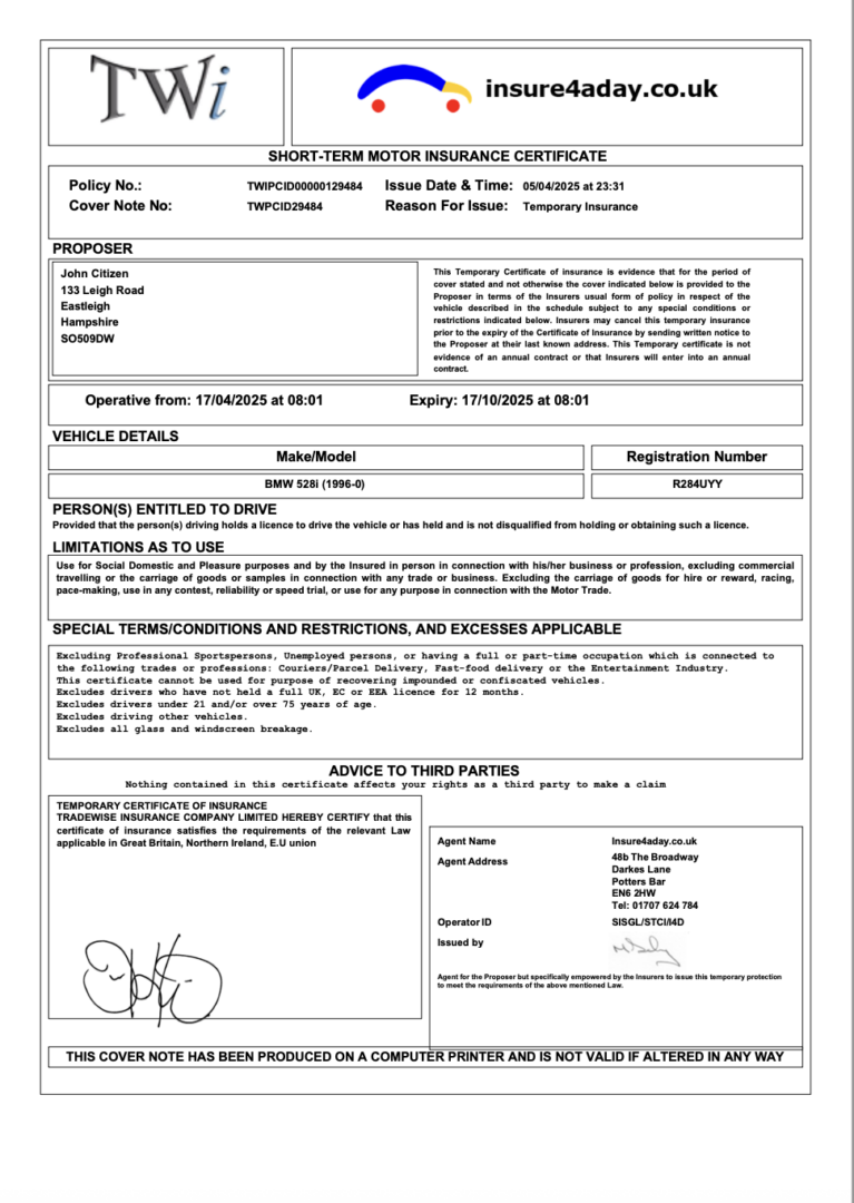 UK Insure4aDay short-term motor insurance certificate Word and PDF template