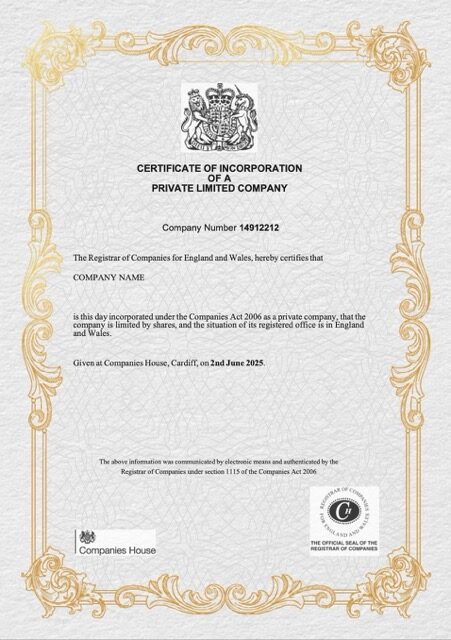 UK certificate of incorporation of a private limited company Word and ...