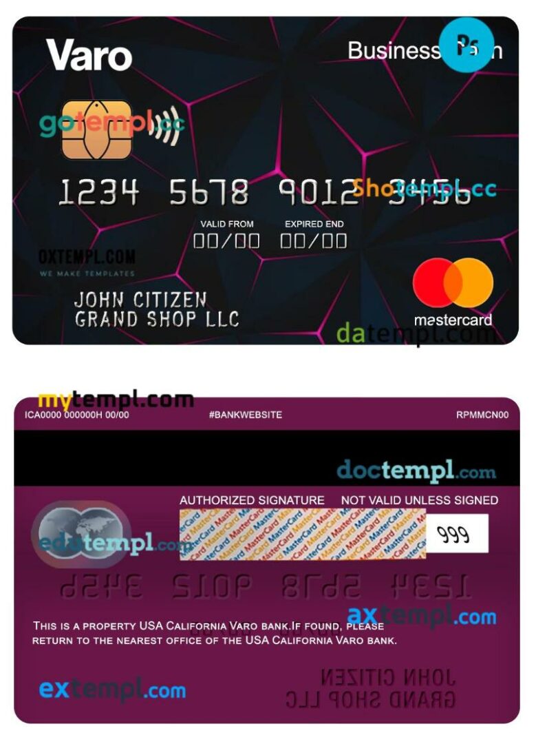 USA California Varo bank business cash mastercard template in PSD format