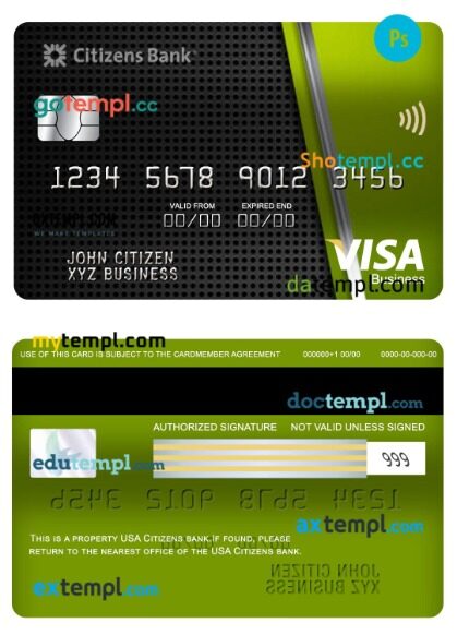 USA Citizens bank visa business card template in PSD format