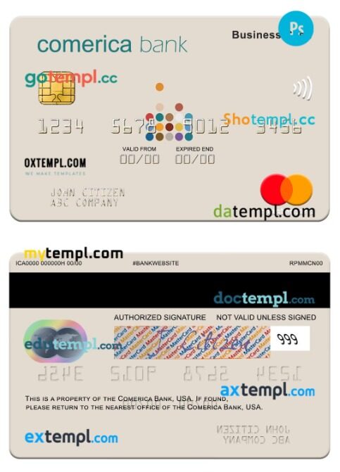 USA Comerica Bank business cash mastercard template in PSD format