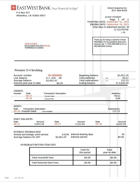 USA East West Bank account statement Word and PDF template