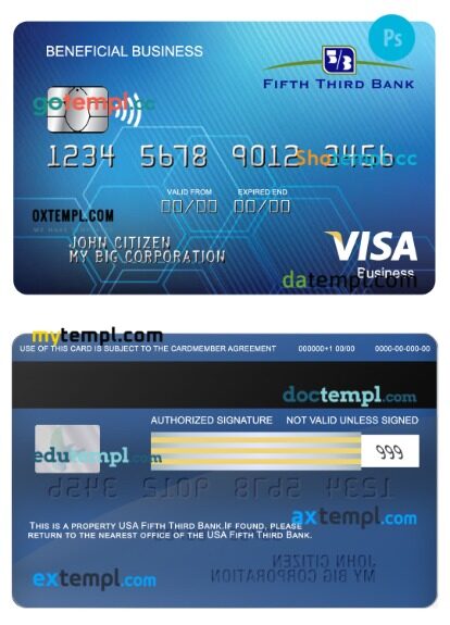 USA Fifth Third Bank visa business card template in PSD format