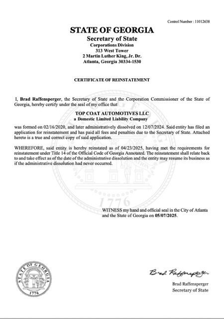 USA Georgia certificate of reinstatement Word and PDF template