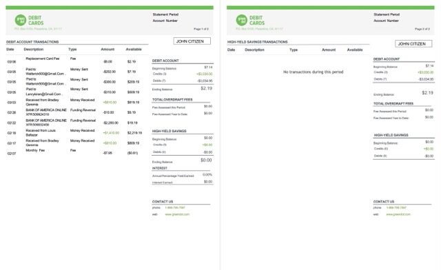 USA Green Dot account statement Word and PDF template, 2 pages