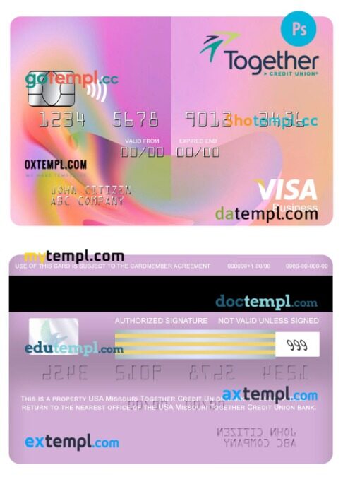 USA Missouri Together Credit Union bank visa business card template in ...