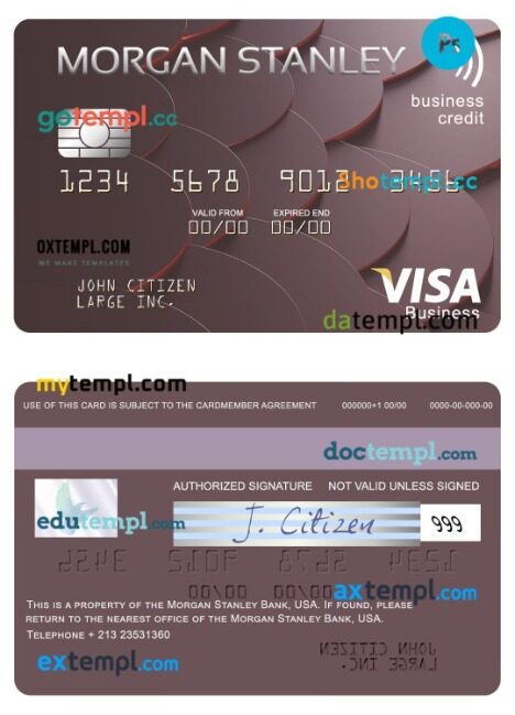 USA Morgan Stanley Bank visa business credit card template in PSD format