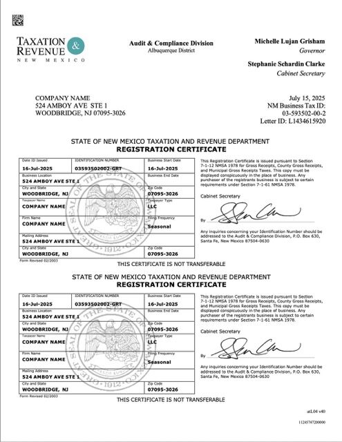 USA New Mexico registration certificate Word and PDF template