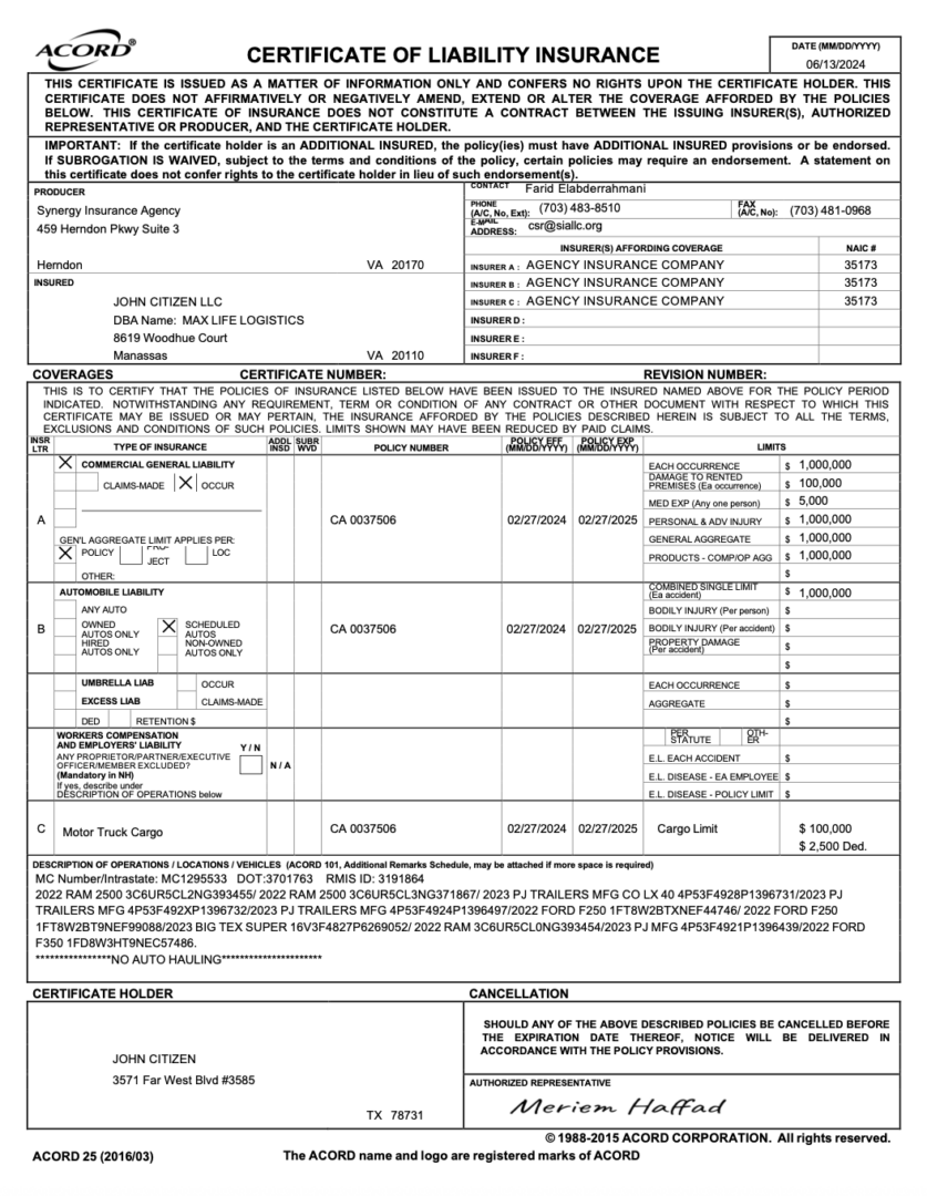 USA Synergy Insurance Agency certificate of liability insurance Word ...
