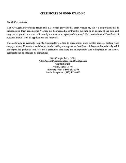 USA Texas certificate of good standing Word and PDF template