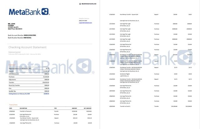 USA Washington Metabank account statement Word and PDF template, 2 pages
