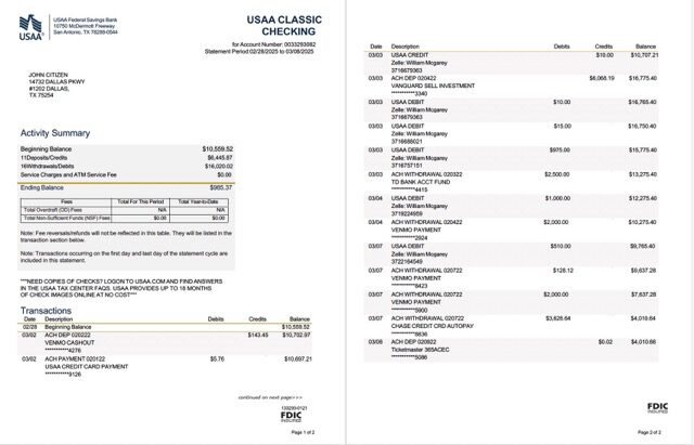 USAA Federal Savings Bank statement Word and PDF template, 2 pages