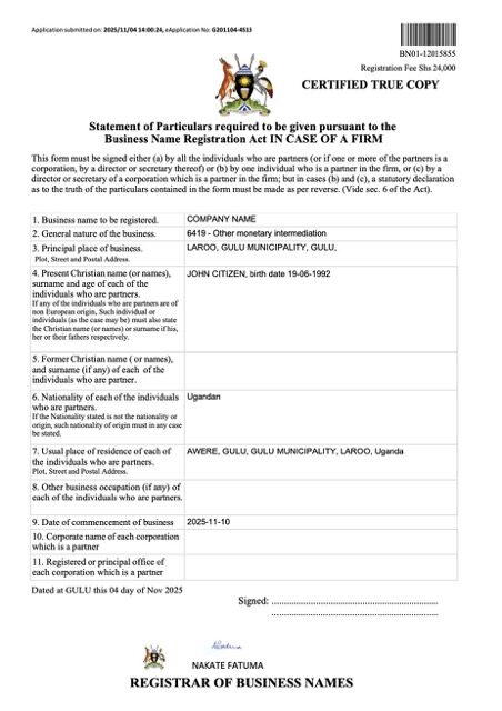 Uganda business name registration certificate Word and PDF template ...