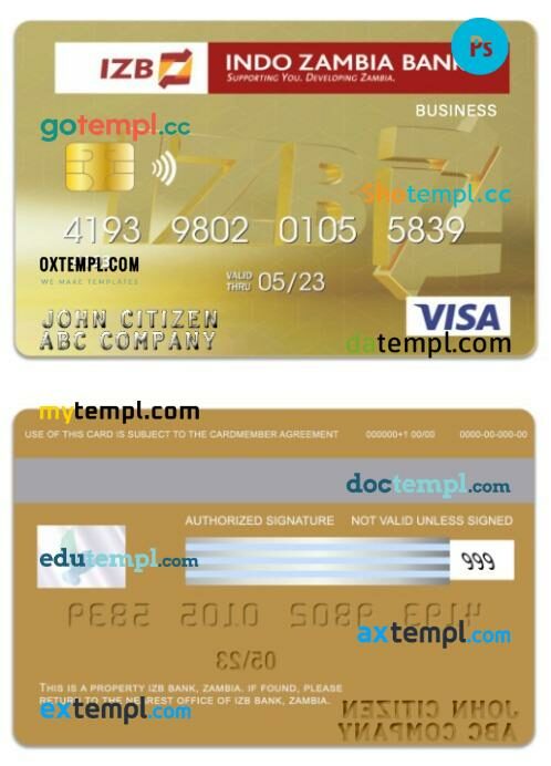 Zambia IZB Bank visa business gold card template in PSD format