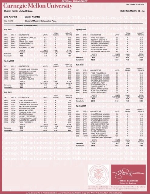 Carnegie Mellon University official transcript Word and PDF template
