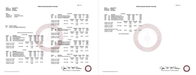 Chapman University official graduate semester transcript Word and PDF template, 2 pages