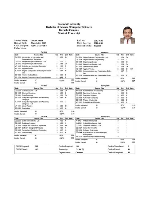 Karachi University student transcript Word and PDF template