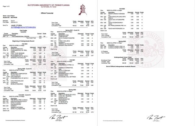 Kutztown University of Pennsylvania official transcript Word and PDF ...
