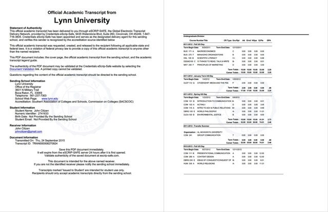 Lynn University official academic transcript Word and PDF template, 2 pages