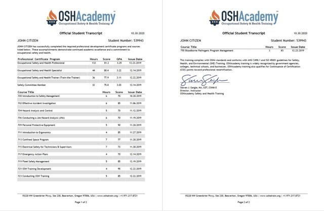 OSHAcademy official student transcript Word and PDF template, 2 pages
