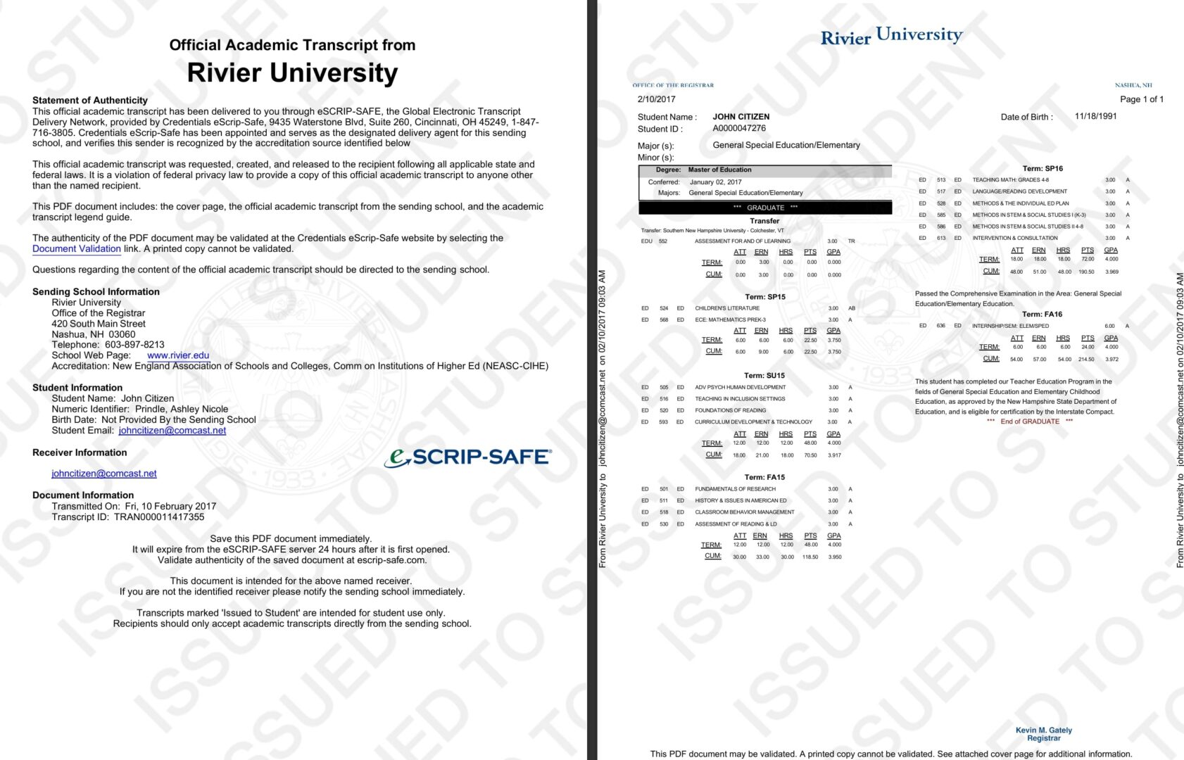 Rivier University official academic transcript Word and PDF template, 2 ...