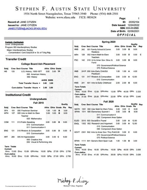 Stephen F. Austin State University official transcript Word and PDF template