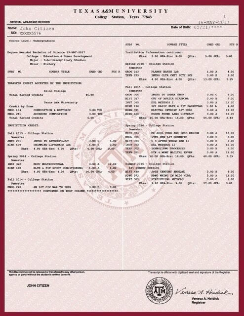Texas A&M University official academic record Word and PDF template