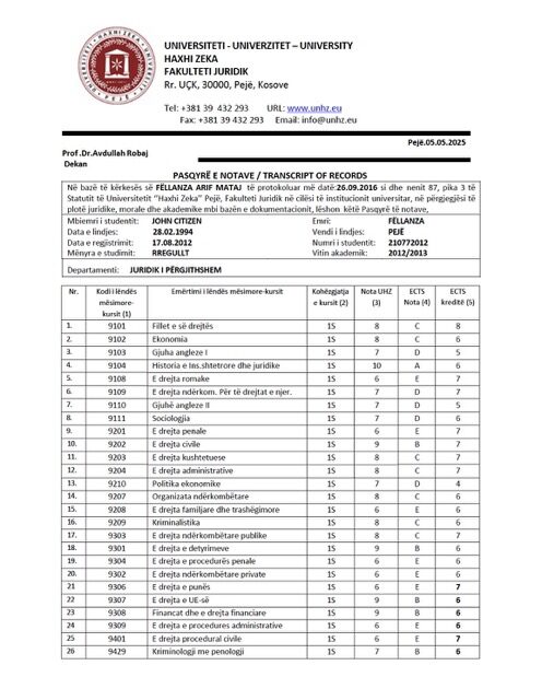 Universiteti Haxhi Zeka transcript of records Word and PDF template