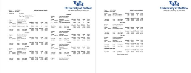 University at Buffalo official transcript Word and PDF template, 2 pages