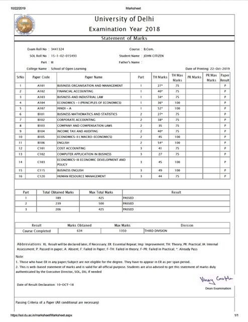 University of Delhi statement of marks Word and PDF template