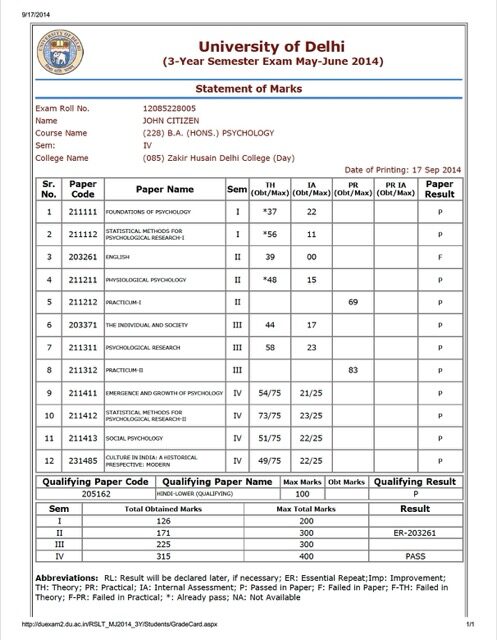 University of Delhi statement of marks Word and PDF template