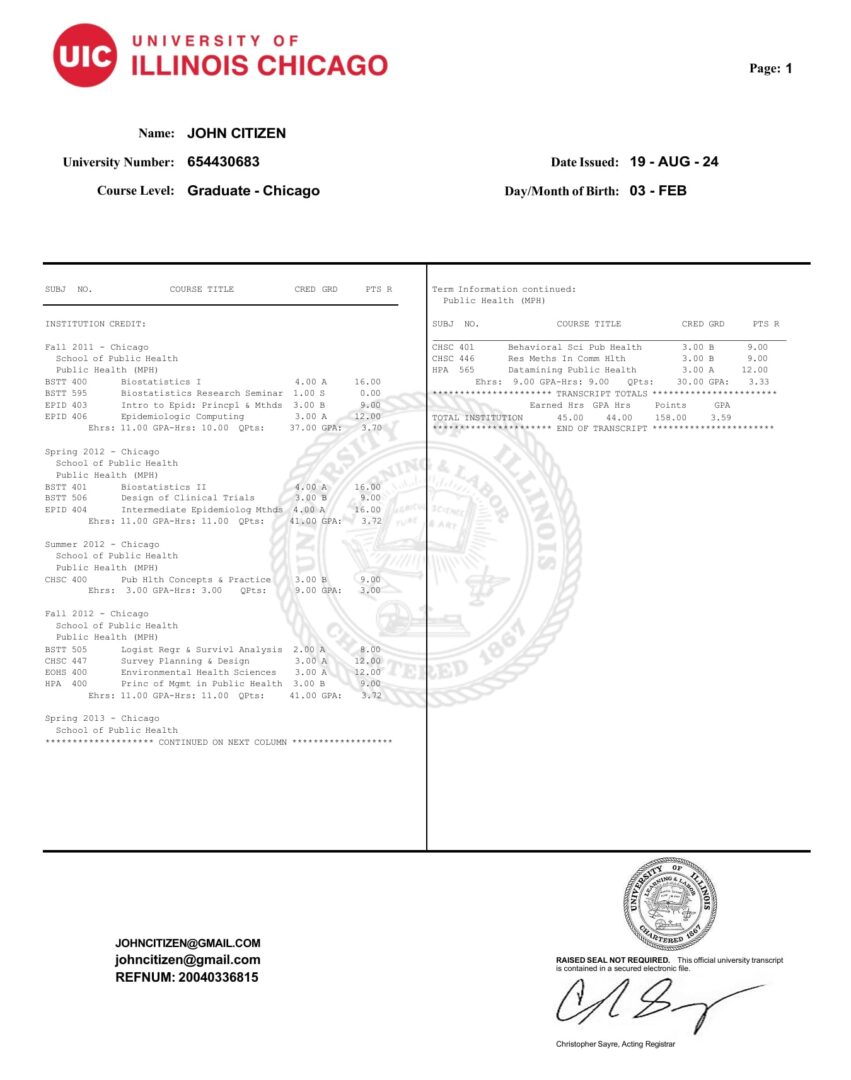 University of Illinois Chicago academic transcript Word and PDF template