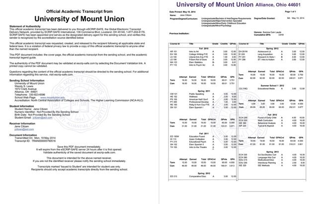 University of Mount Union official academic record Word and PDF ...