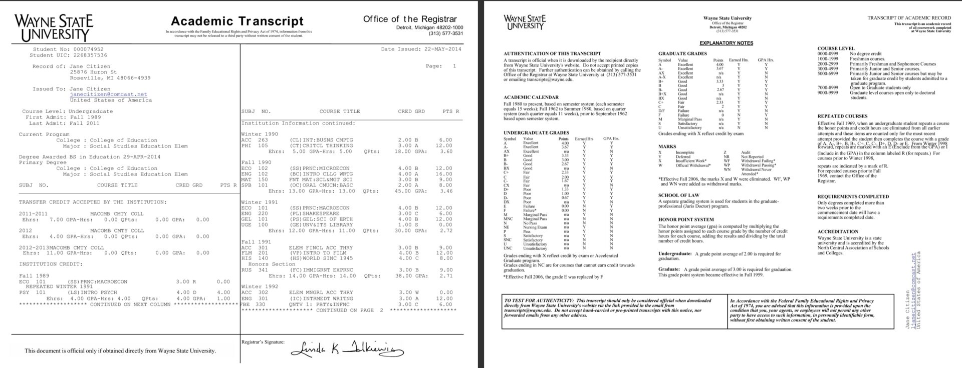 Wayne State University academic transcript Word and PDF template, 2 pages