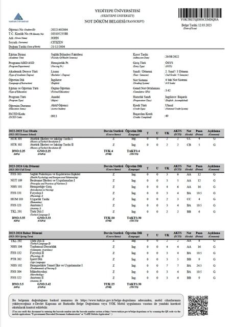 Yeditepe University transcript Word and PDF template